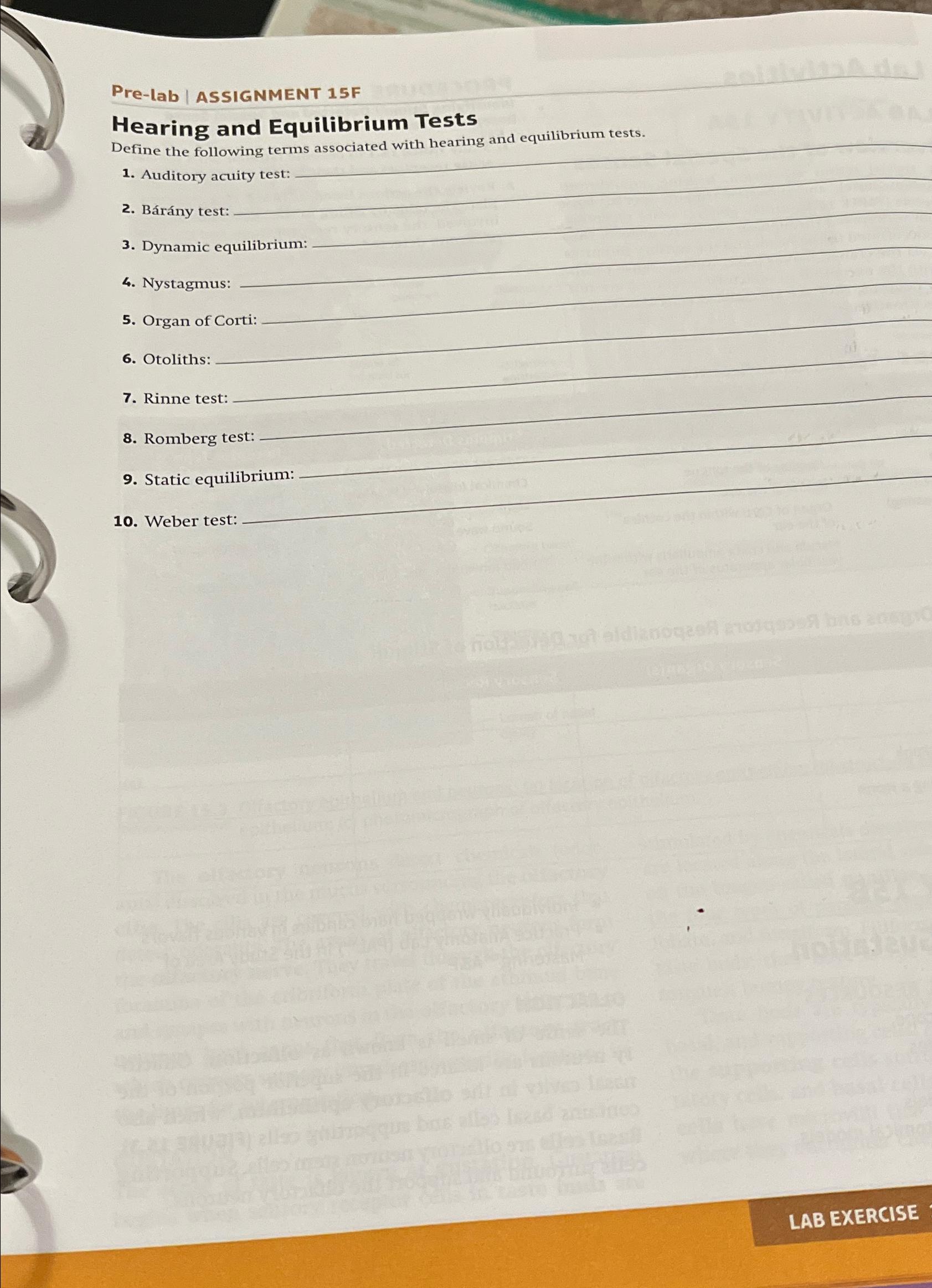 Solved Pre-lab | ﻿ASSIGNMENT 15FHearing and Equilibrium | Chegg.com