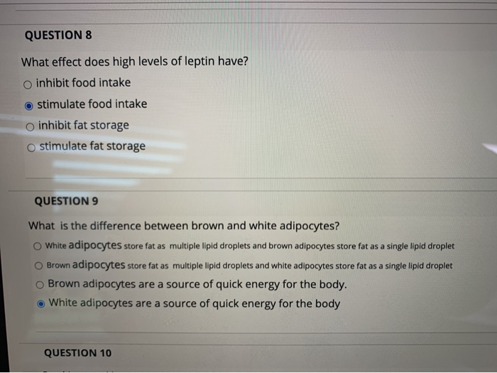 Solved QUESTION 8 What effect does high levels of leptin | Chegg.com