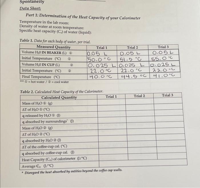 please help me fill out the calculations for table 2 | Chegg.com