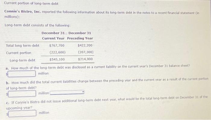Solved (P-17) ﻿Current portion of long-term debtConnie's | Chegg.com
