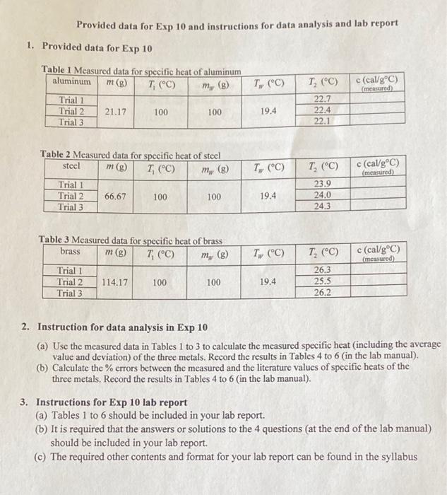 Solved Provided data for Exp 10 and instructions for data | Chegg.com