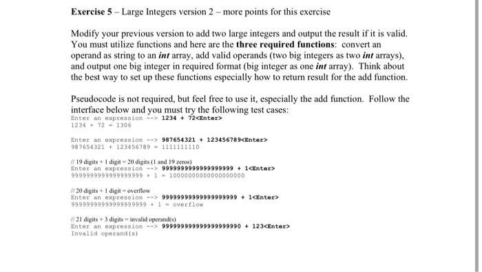 Solved Exercise 5 - Large Integers version 2 - more points | Chegg.com