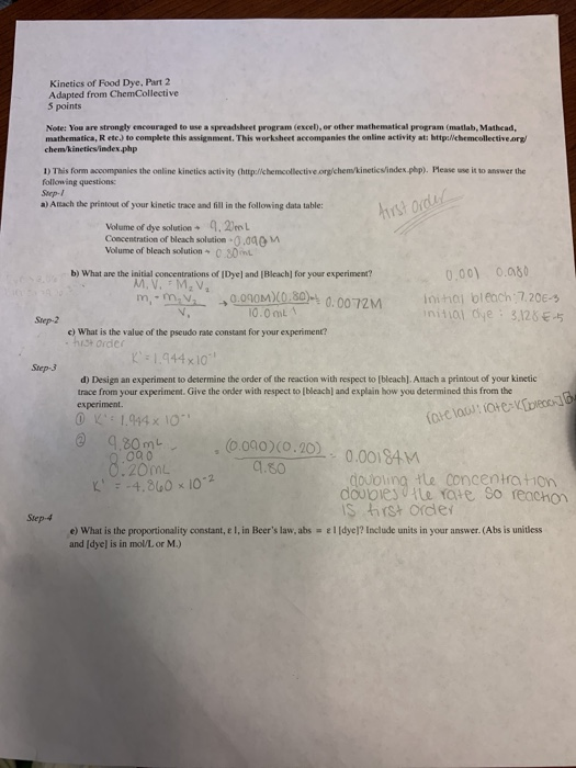 first order Kinetics of Food Dye, Part 2 Adapted from | Chegg.com