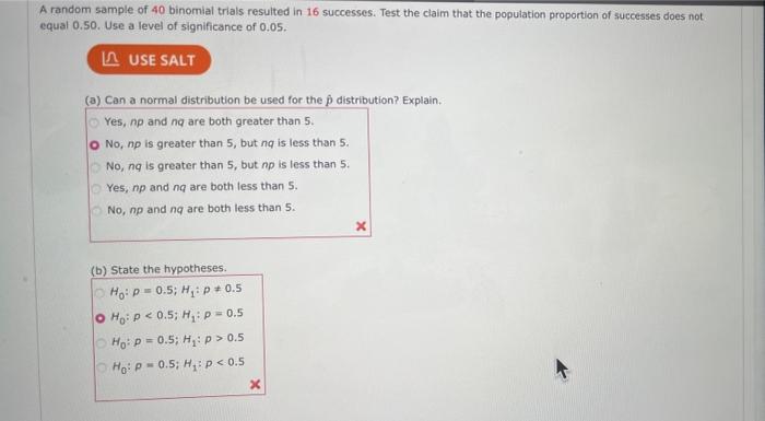 Solved A random sample of 40 binomial trials resulted in 16 | Chegg.com