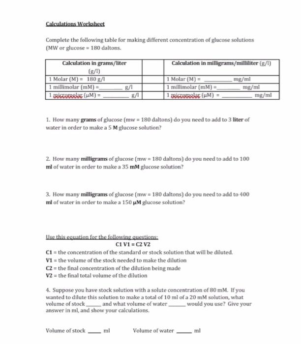 Solved Calculations Worksheet Complete the following table | Chegg.com