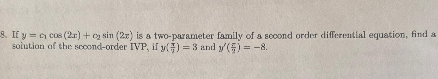 Solved If y=c1cos(2x)+c2sin(2x) ﻿is a two-parameter family | Chegg.com