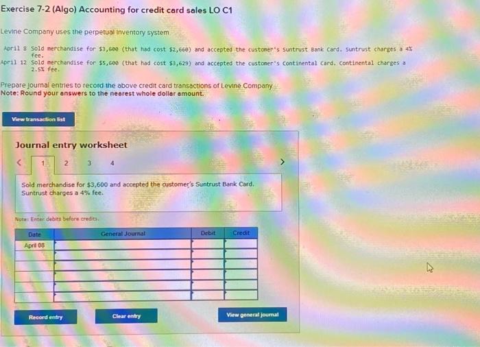 Solved Exercise 7.2 (Algo) Accounting for credit cord sales | Chegg.com