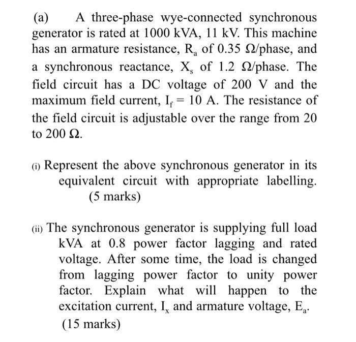 Solved (a) A three-phase wye-connected synchronous generator | Chegg.com