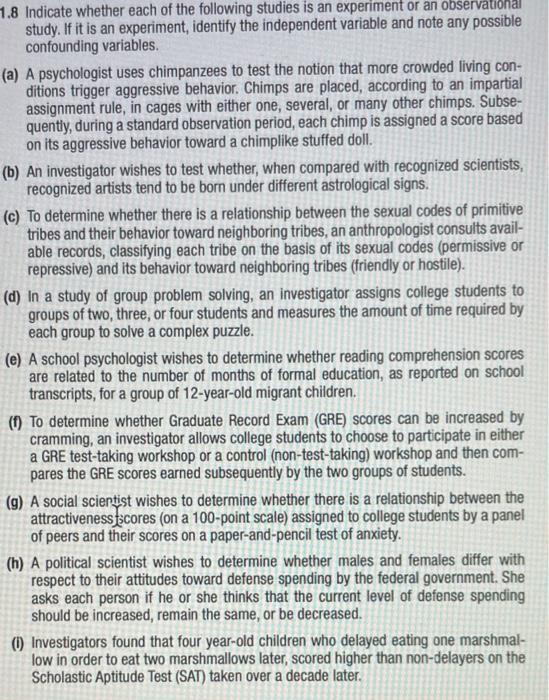 Solved 1.8 Indicate whether each of the following studies is | Chegg.com