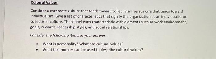 Cultural Values Consider a corporate culture that | Chegg.com