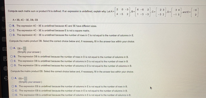 Solved Compute each matrix sum of product if it is defined. | Chegg.com