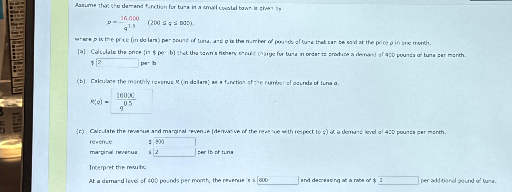 Solved Assume that the demand function for tuna in a small | Chegg.com