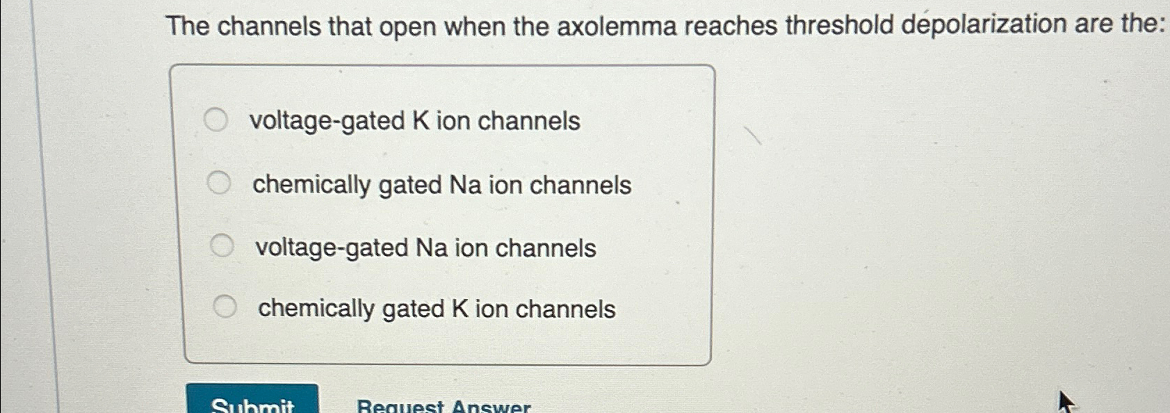 Solved The channels that open when the axolemma reaches | Chegg.com