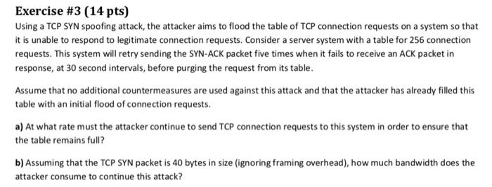 Solved Exercise #3 (14 pts) Using a TCP SYN spoofing attack, | Chegg.com