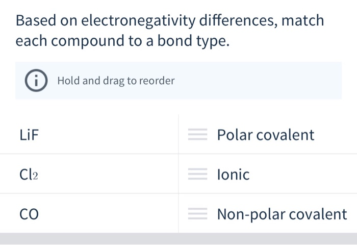 Solved Based on electronegativity differences, match each | Chegg.com