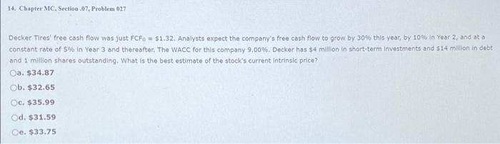 Solved 14. Chapter MC, Section .07, Problem 027 Decker | Chegg.com