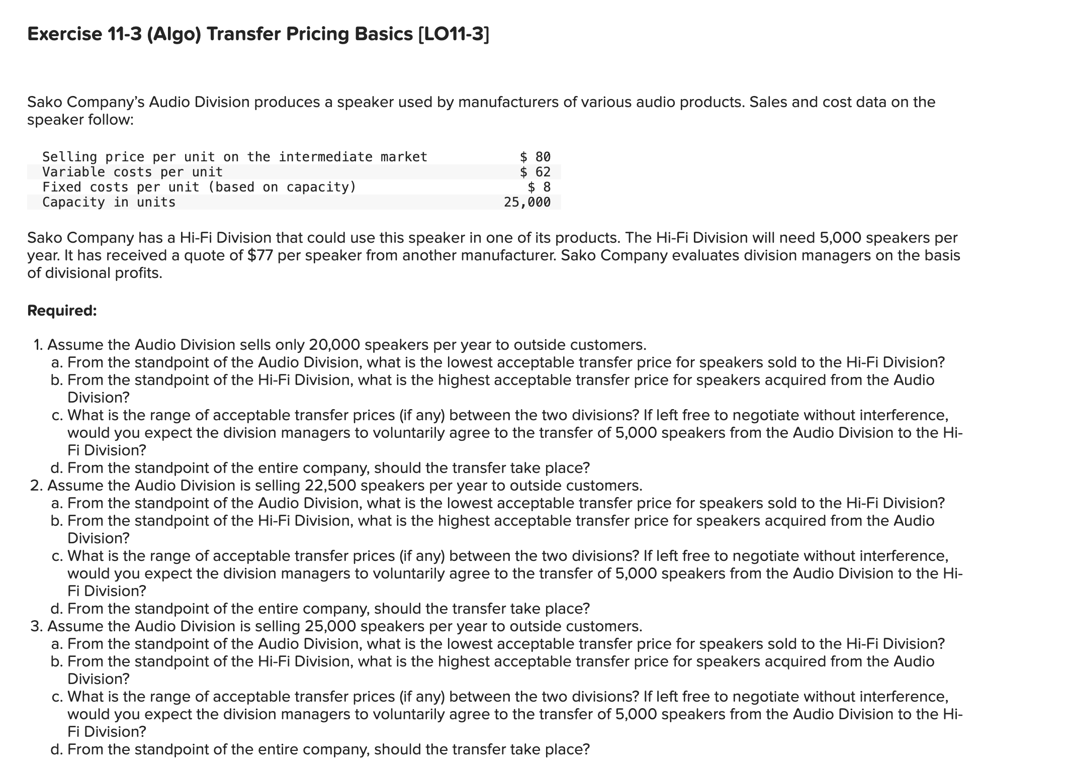 Solved Exercise 11-3 (Algo) ﻿Transfer Pricing Basics | Chegg.com