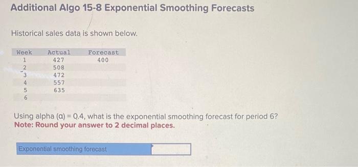 Solved Additional Algo 15-8 Exponential Smoothing Forecasts | Chegg.com