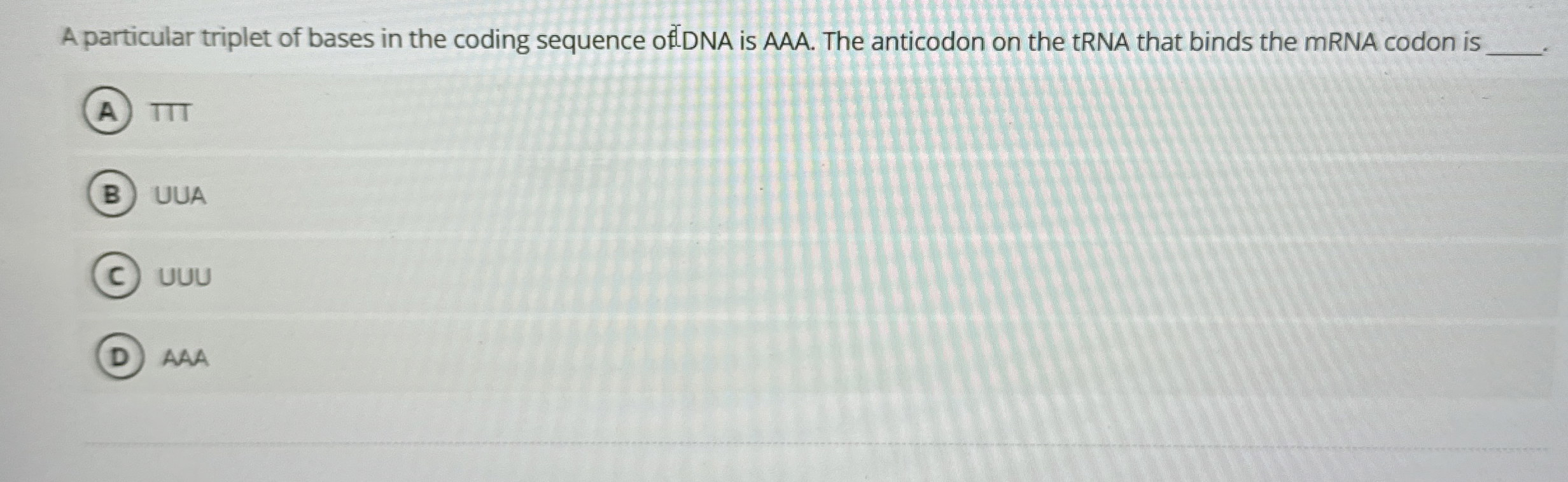 Solved A particular triplet of bases in the coding sequence | Chegg.com