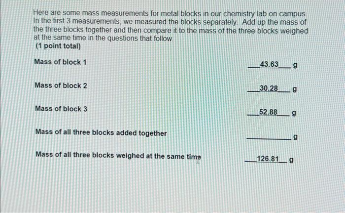 Solved Here are some mass measurements for metal blocks in | Chegg.com