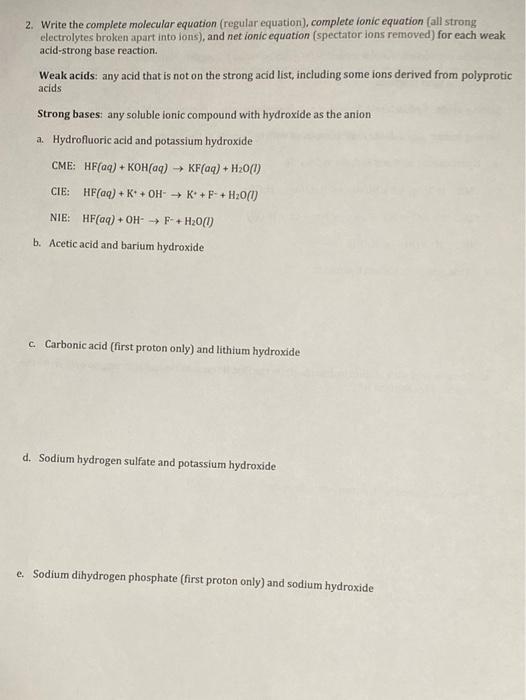 Solved 2. Write the complete molecular equation (regular | Chegg.com
