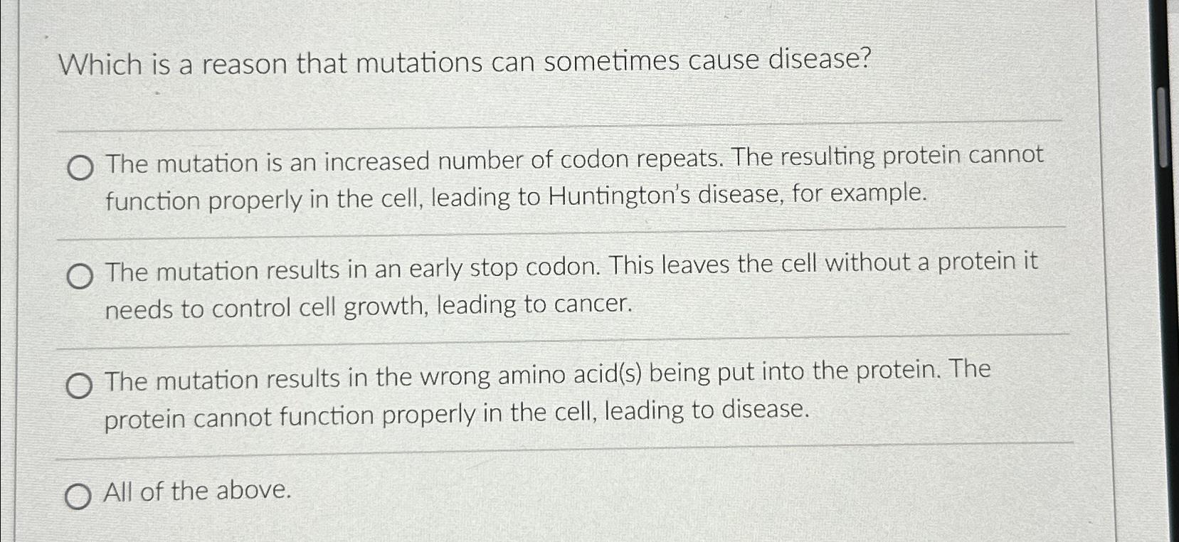 Solved Which is a reason that mutations can sometimes cause | Chegg.com