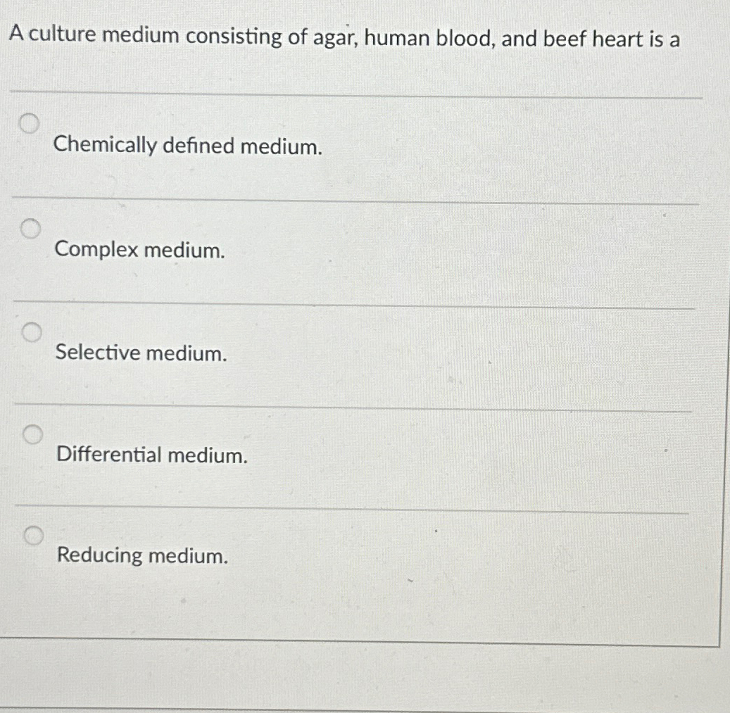 Solved A culture medium consisting of agar, human blood, and | Chegg.com