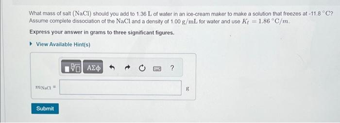 Solved What mass of salt (NaCl) should you add to 1.36 L of | Chegg.com