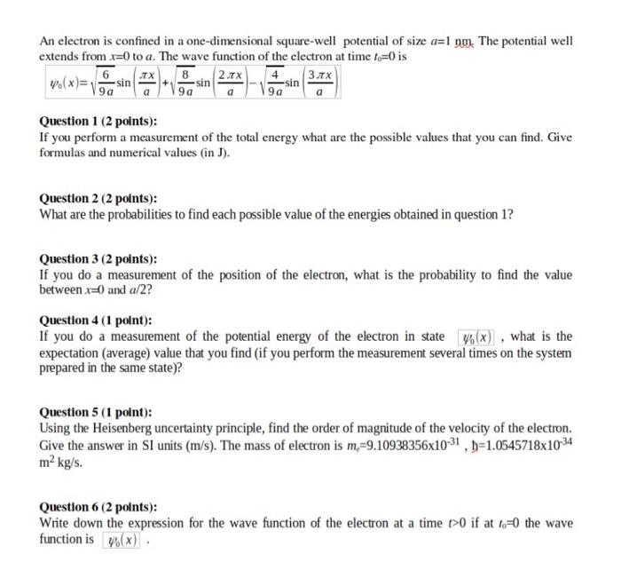 Solved An electron is confined in a one-dimensional | Chegg.com