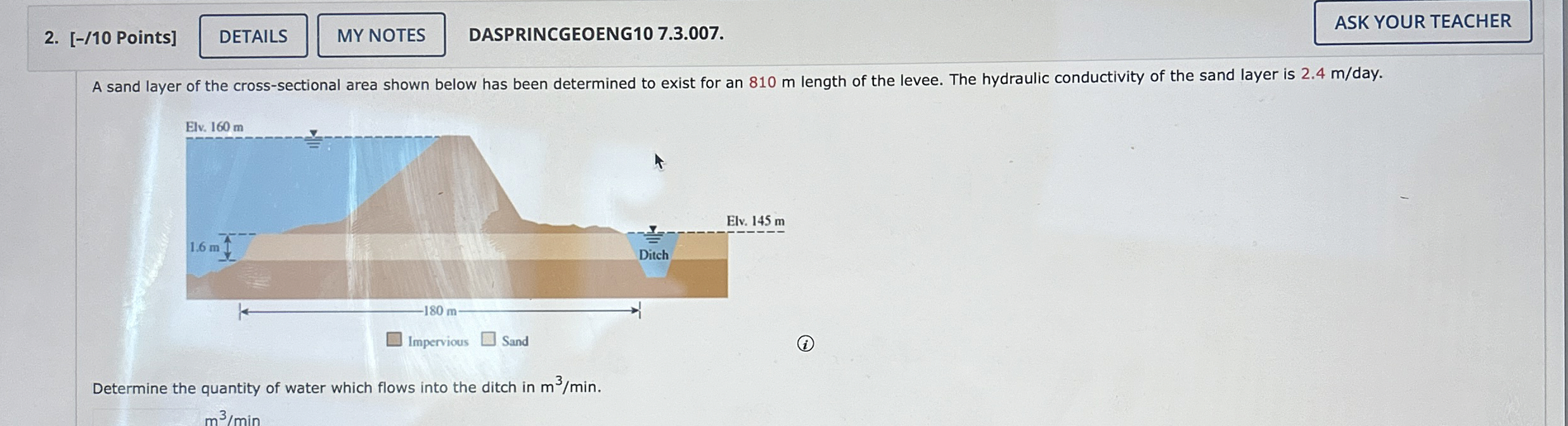 Solved [-/10 ﻿Points]DASPRINCGEOENG10 7.3.007.A sand layer | Chegg.com
