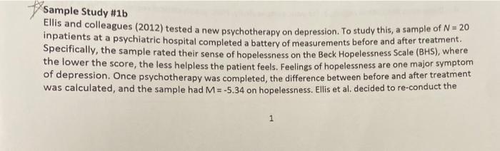 Sample Study \#1b Ellis and colleagues (2012) tested | Chegg.com