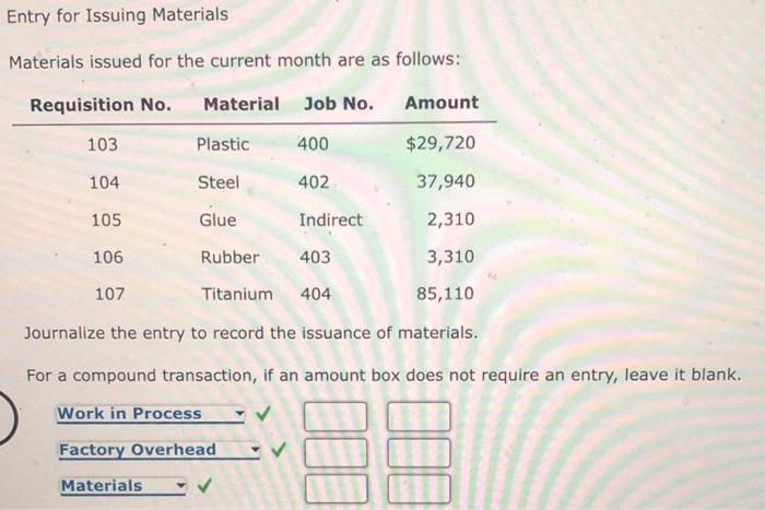 Solved Entry for Issuing Materials Materials issued for the | Chegg.com