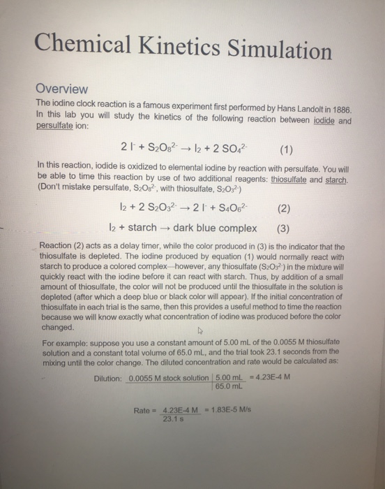 Chemical Kinetics Simulation Overview The iodine | Chegg.com