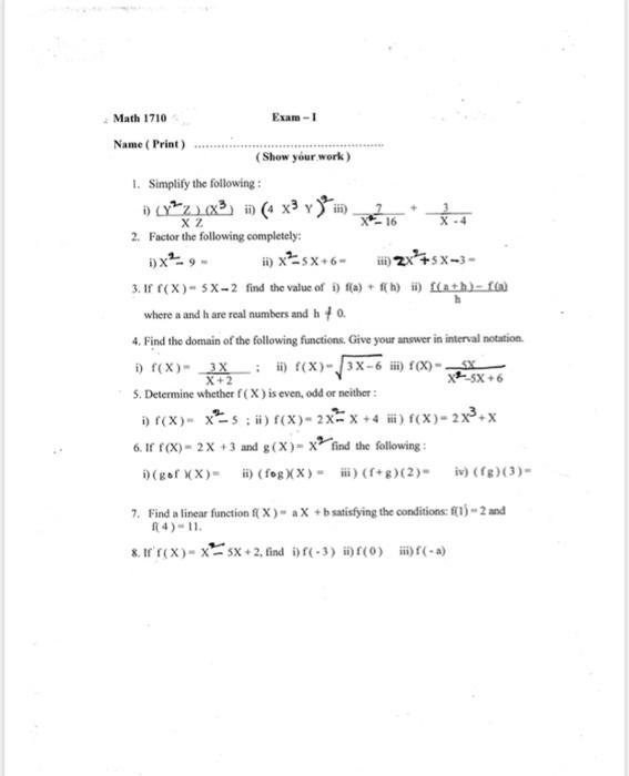 Solved Math 1710 Exam-1 Name (Print) (Show your work) 1. | Chegg.com