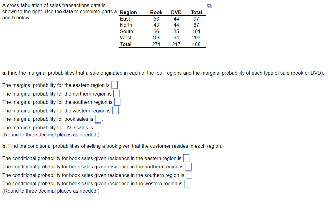 Solved A cross-tabulation of sales transactions data isshown | Chegg.com
