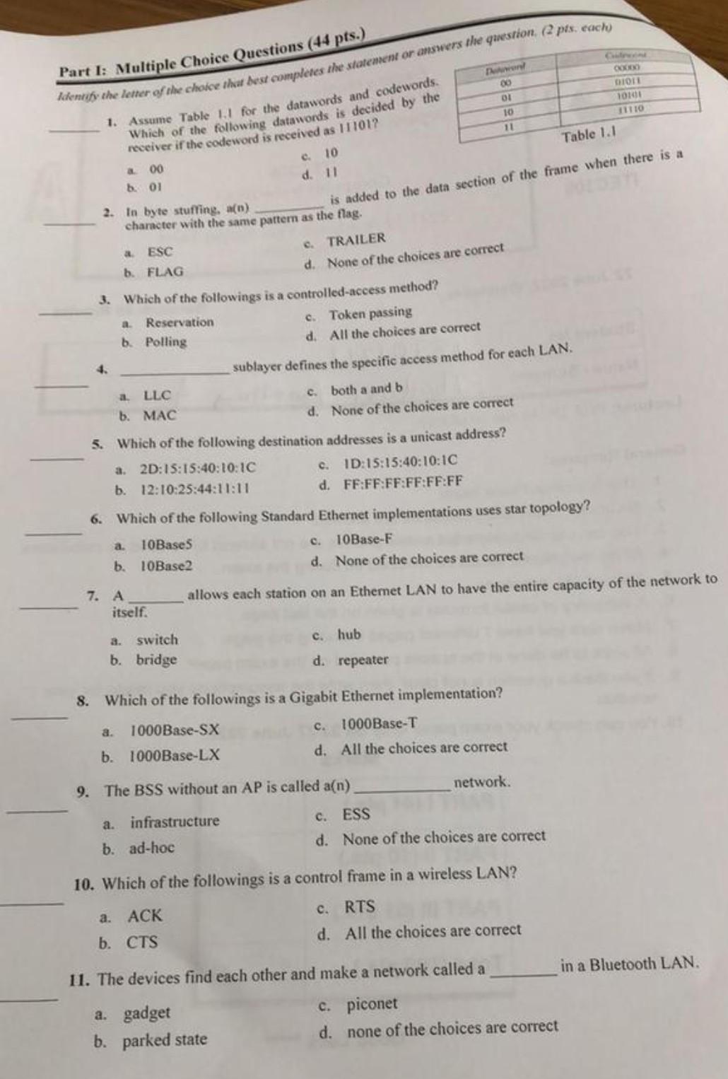 Solved Part I: Multiple Choice Questions (44 pts.) Identify | Chegg.com