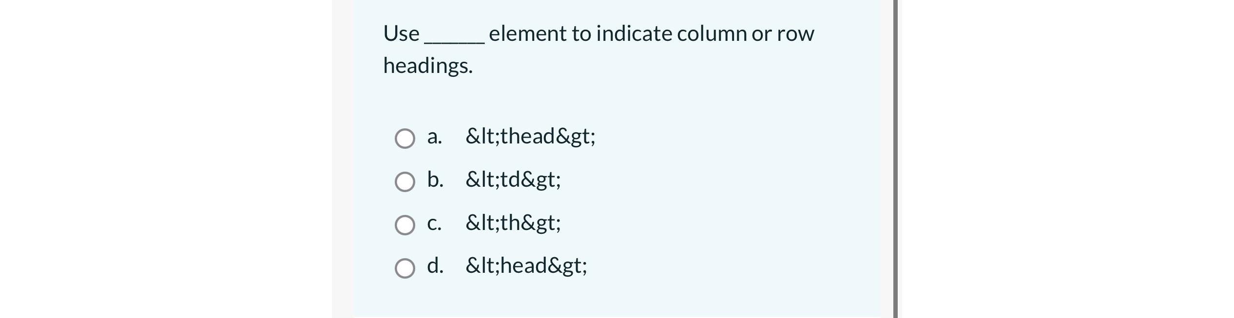 Solved Use element to indicate column or row headings.a. ﻿b. | Chegg.com