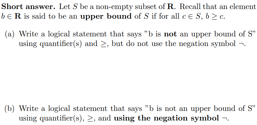 Solved Short answer. Let S ﻿be a non-empty subset of R. | Chegg.com