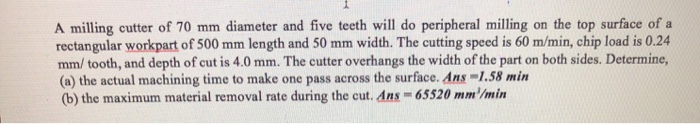Solved A milling cutter of 70 mm diameter and five teeth | Chegg.com