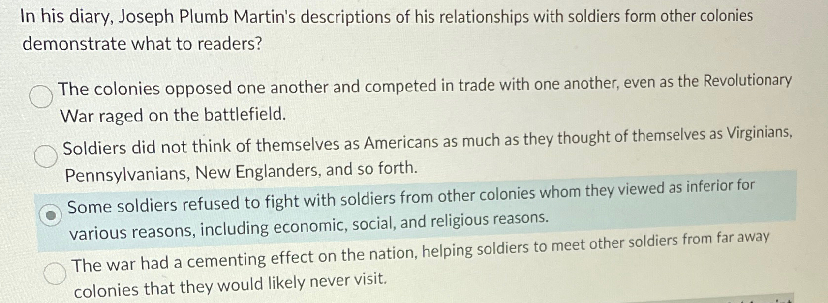 Solved In his diary, Joseph Plumb Martin's descriptions of | Chegg.com