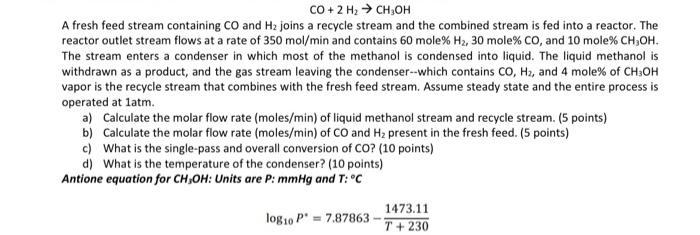 Solved CO+2H2→CH3OH A fresh feed stream containing CO and H2 | Chegg.com