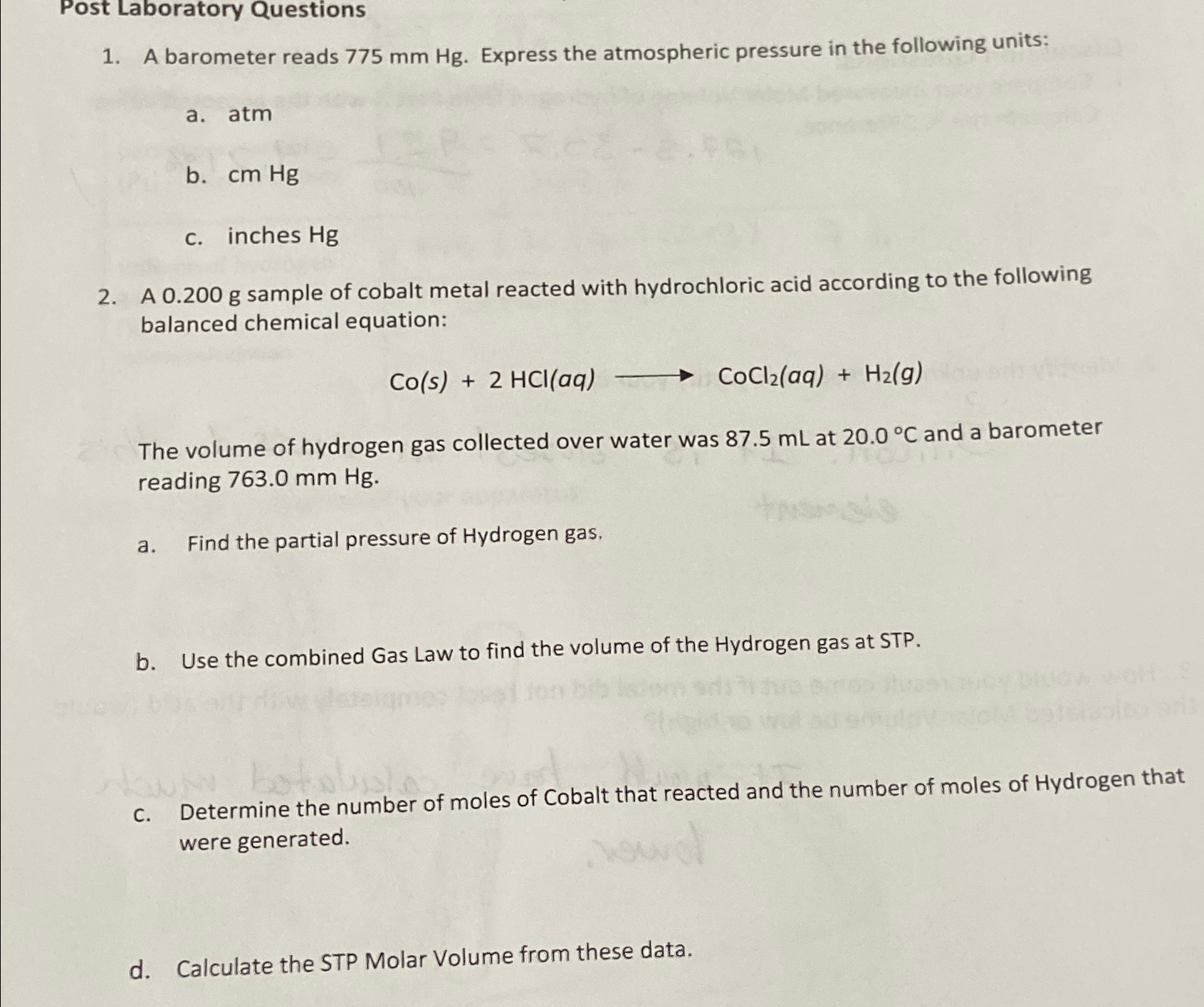 Solved Post Laboratory QuestionsA barometer reads 775mmHg. | Chegg.com