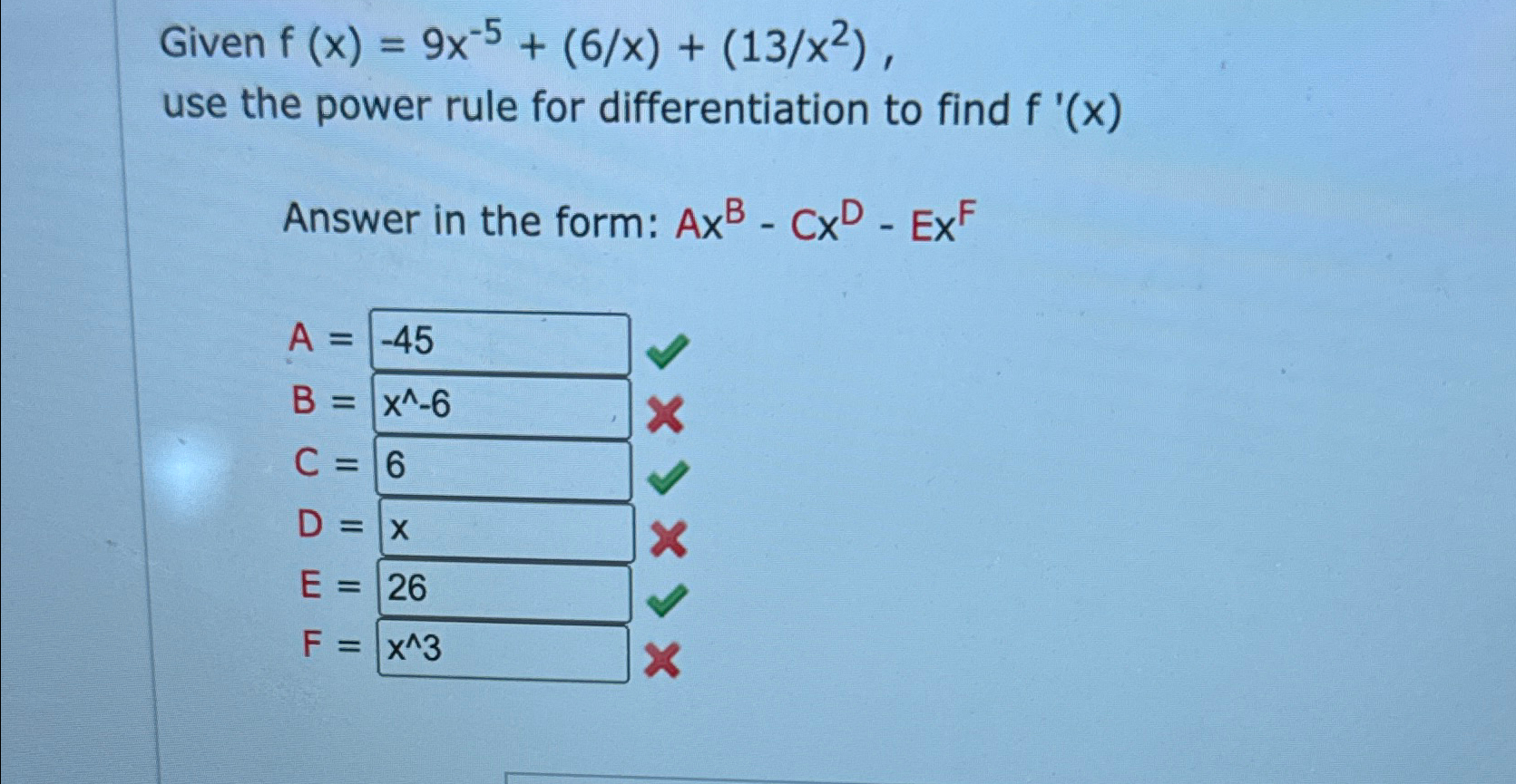 Solved Given f(x)=9x-5+(6x)+(13x2) ﻿use the power rule for | Chegg.com