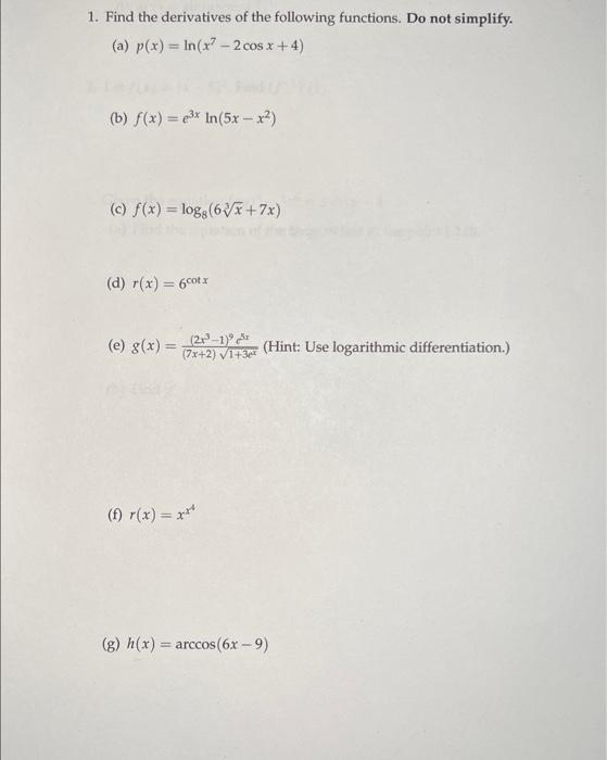 Solved 1. Find the derivatives of the following functions. | Chegg.com