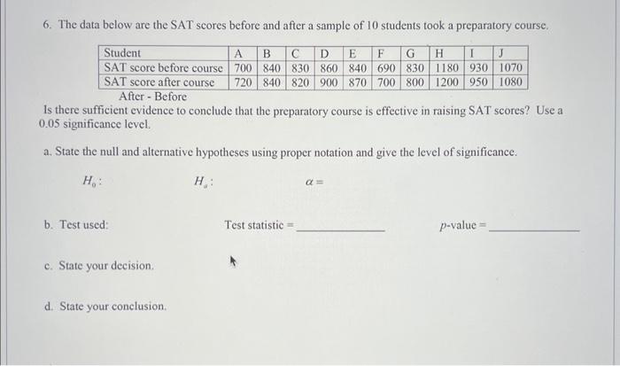 Solved 6. The data below are the SAT scores before and after | Chegg.com