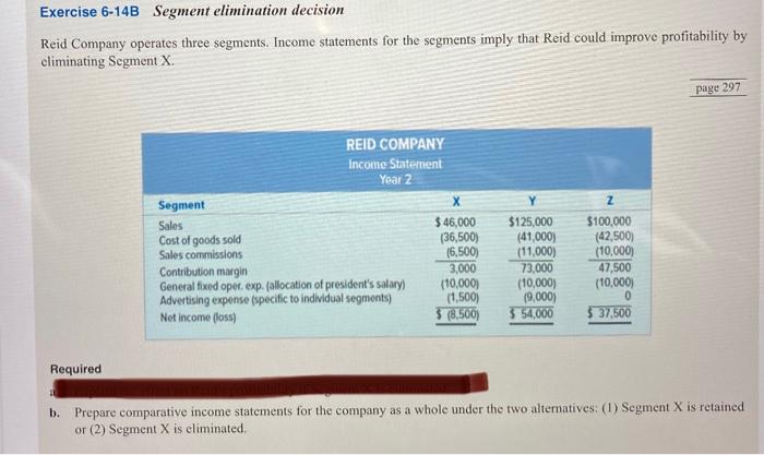 Solved Exercise 6-14B Segment elimination decision Reid | Chegg.com