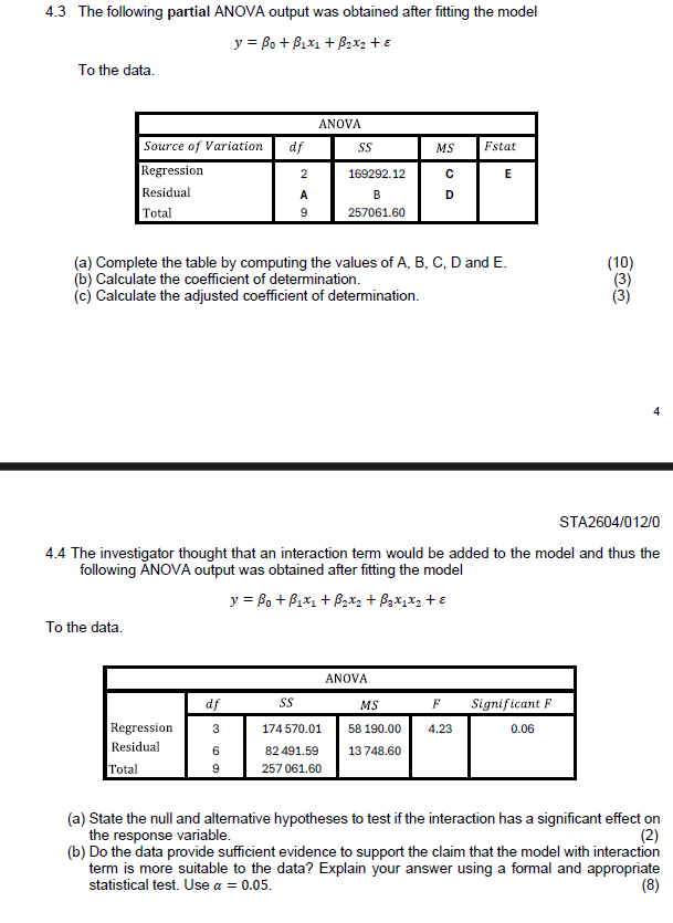 Solved 4.3 ﻿The following partial ANOVA output was obtained | Chegg.com