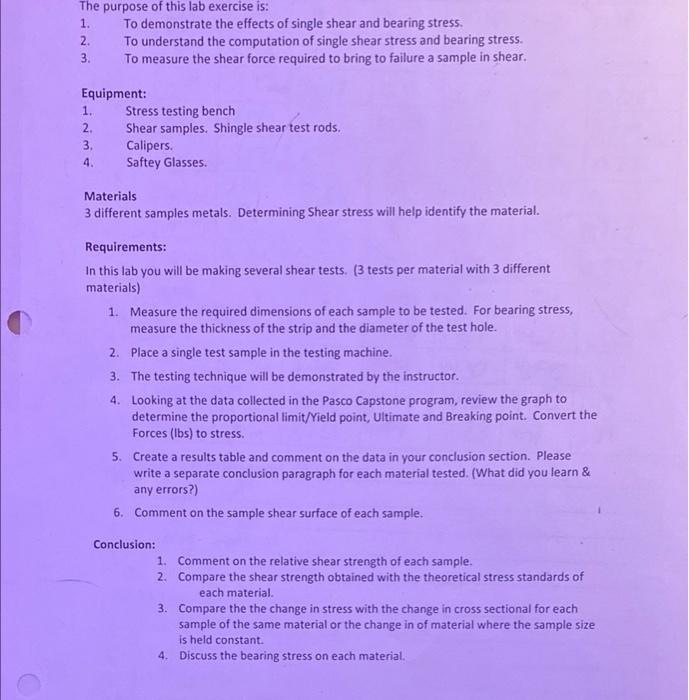 Date: Lab Exercise #2: Single Shear Stress & Bearing | Chegg.com