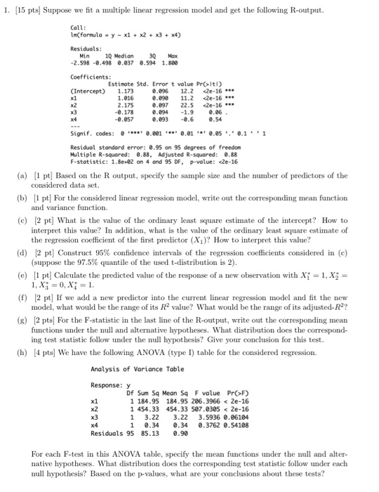 Solved 1. (15 pts) Suppose we fit a multiple linear | Chegg.com