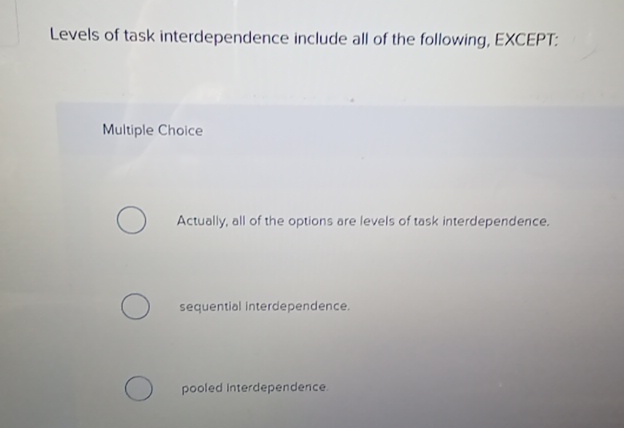 Solved Levels of task interdependence include all of the | Chegg.com